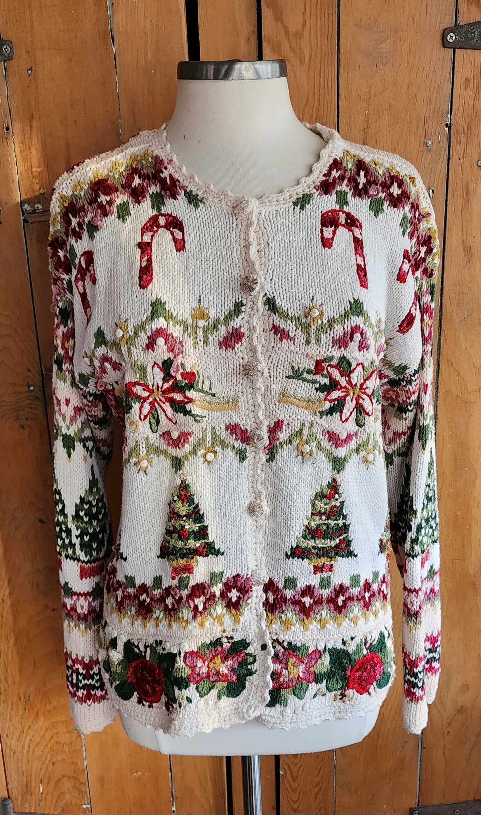 Y2K Christmas Sweater Cream Cardigan Candy Canes Tiara – RareJule Vintage